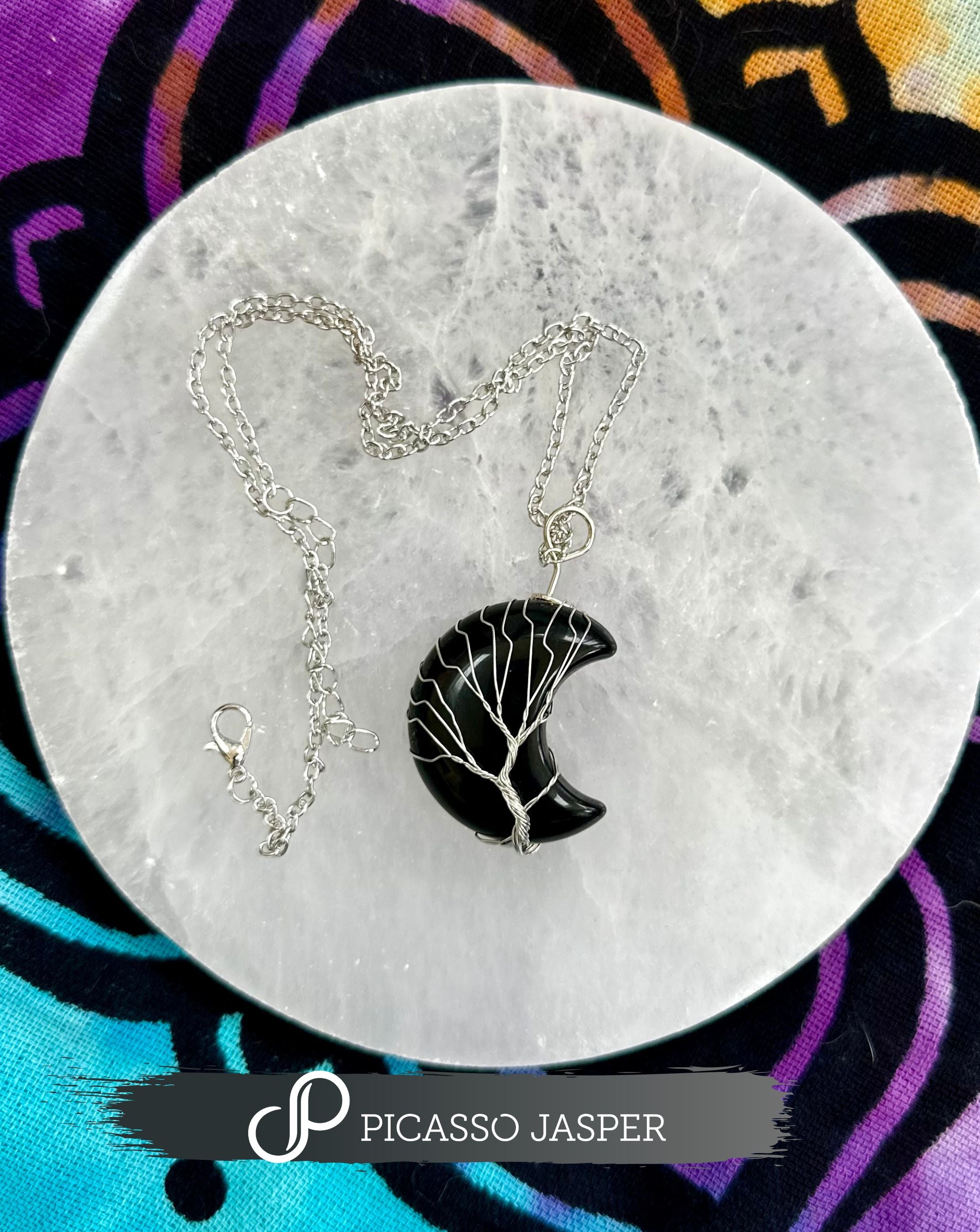 Black Obsidian Crescent Moon Pendant Necklace